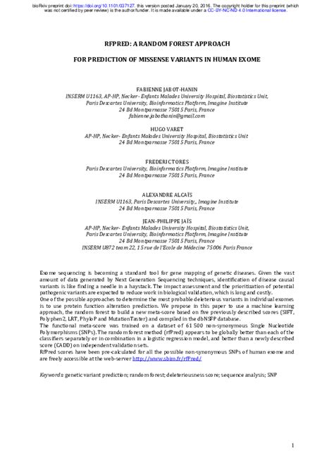 Pdf Rfpred A Random Forest Approach For Prediction Of Missense Variants In Human Exome