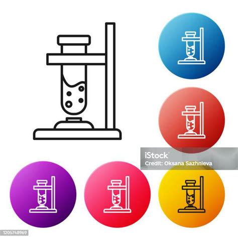 흰색 배경에 격리 된 화재 히터 실험 아이콘에 검은 선 유리 테스트 튜브 플라스크 실험실 장비 아이콘 다채로운 원 버튼을 설정합니다 벡터 일러스트레이션 과학에 대한 스톡