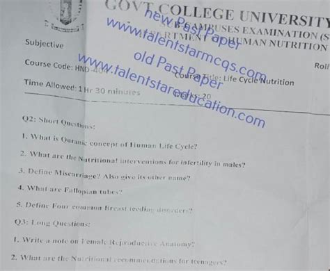 Bs Hnd Human Nutrition Dietetics Gcuf Past Paper For Affiliated