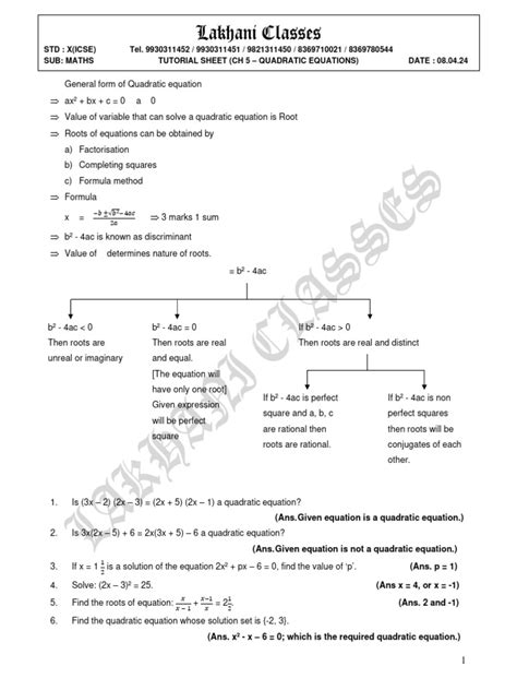 08 04 24 X Icse Maths Tutorial Sheet 1 Ch 5 Quadratic