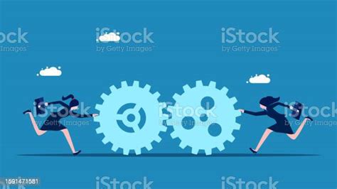 함께 일하십시오 서로를 향해 기어를 밀어붙이는 두 명의 사업가 개발에 대한 스톡 벡터 아트 및 기타 이미지 개발 결심 공동체 Istock