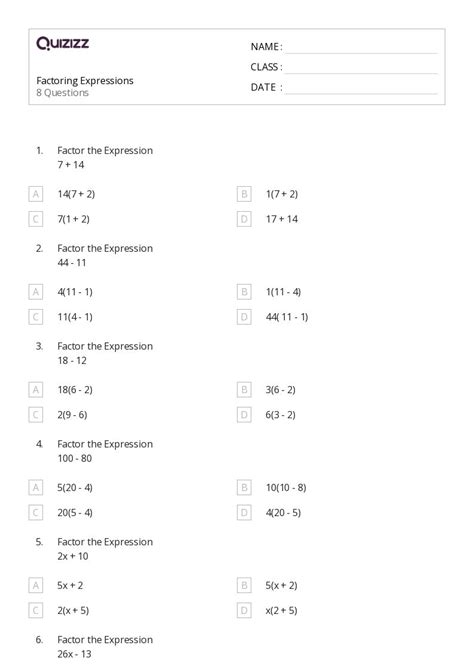 50 Factoring Expressions Worksheets For 6th Class On Quizizz Free