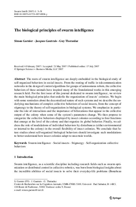 Pdf The Biological Principles Of Swarm Intelligence