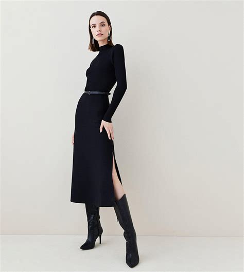 Viscose Blend Rib Knit Belted Midi Dress Divine And Elegant