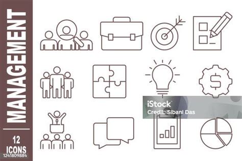 제목 라인 스타일의 12개의 관리 웹 아이콘 세트입니다 팀워크 전략 사업 계획 마케팅 이익 새로운에 대한 스톡 벡터 아트 및