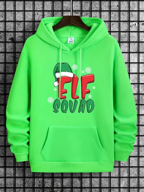 Plus Size Mens Elf Squad Pattern Hooded Sweatshirt Pocket Temu New