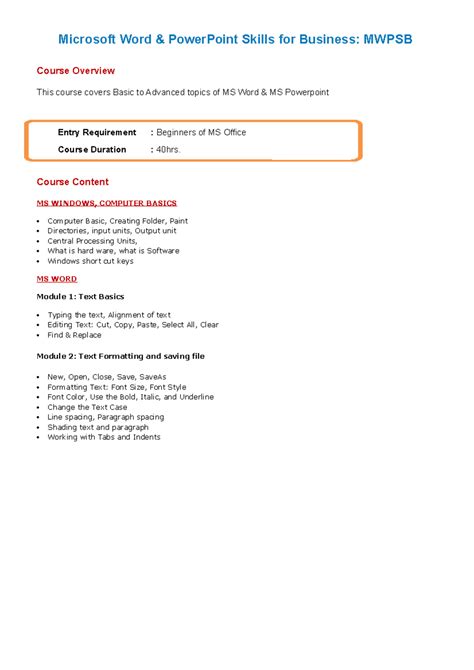 Ms Word Course Syllabus Microsoft Word And Powerpoint Skills For