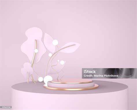 파스텔 배경에 잎으로 장식 된 제품 디스플레이 연단 3d 일러스트 0명에 대한 스톡 사진 및 기타 이미지 0명 3차원 형태