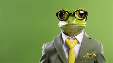 Frog In A Suit With Glasses And Tie On A Green Background Premium Ai