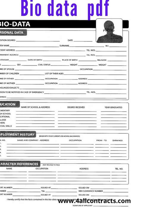 Bio Data Format Pdf For Job Free Download Template