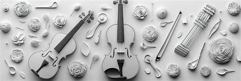 Monochrome Still Life With Violins Roses Musical Notes And Classical