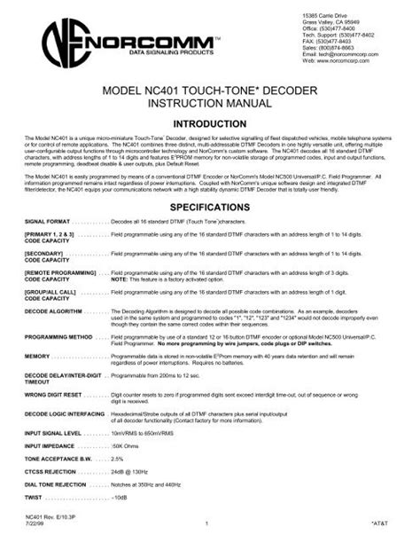 model nc401 touch tone decoder instruction manual
