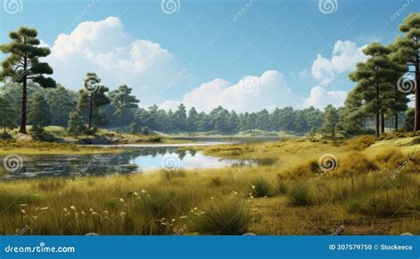 Serene Grassland Lake Unreal Engine 5 Nature Scenery Stock