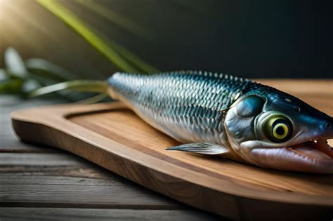 검은 배경이 있는 도마 위의 물고기 프리미엄 사진