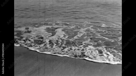 Black White Film Sea Waves Tide On Sand Beach Close Up Archival