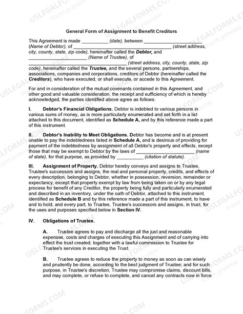 Assignment Benefit Creditors With Creditors Us Legal Forms