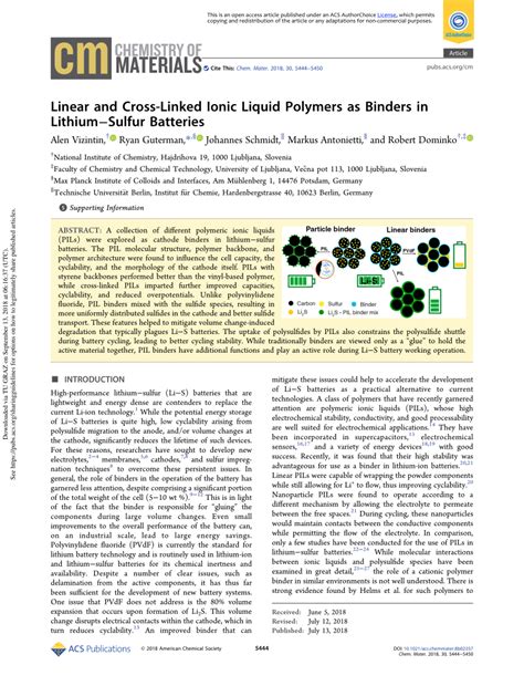 Pdf Linear And Cross Linked Ionic Liquid Polymers As Binders In Lithium Sulfur Batteries