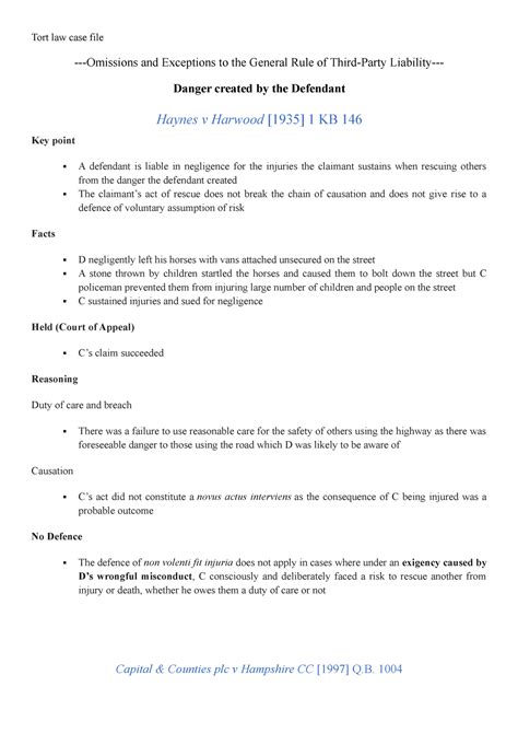 Tort Law Exam Case File Summary Law Of Torts Omissions And