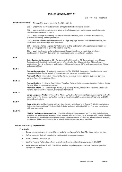 Ai Ai Syllabus Int426generative Ai Course Outcomes Co1