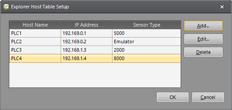 Explorer Host Table Setup Dialog