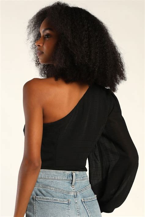 Black Long Sleeve Top One Shoulder Top Textured Top Lulus