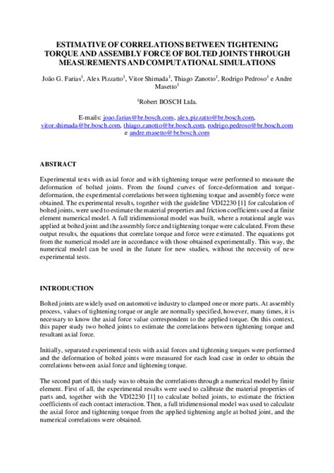 Pdf Estimative Ofcorrelations Between Tightening Torque And Assembly Force Of Bolted Joints