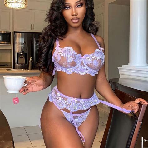 Sexy Purple Flower Bra Panty Garter 3 Piece Set Underwear Bowknot Lace