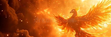 Phoenix With Golden Feathers Soaring Against A Background Of A Fiery