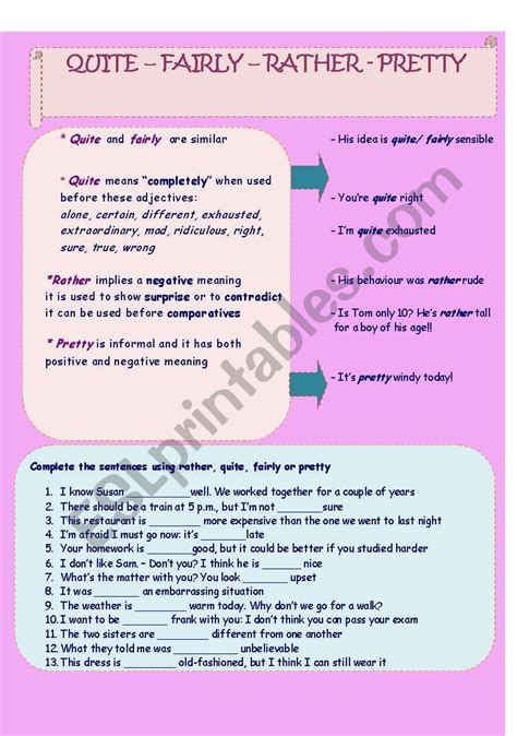 A Short And Quick Exercise To Practise The Use Of The Adverbs Quite
