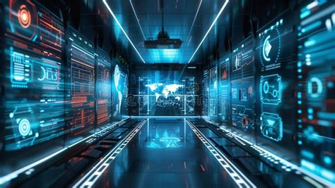 Futuristic Technology With Glowing Blue Red Digital Interface World Map Graphs Data In Dark Room