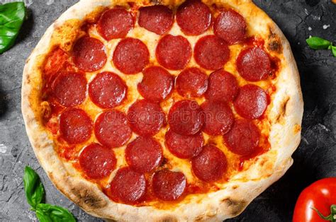 Pepperoni Pizza With Mozzarella Cheese Salami Tomato Sauce On Dark