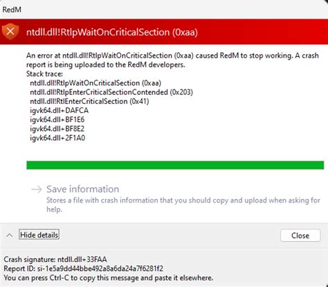 RedM Crash On Launch Error At Ntdll Dll RtlpWaitOnCriticalSection