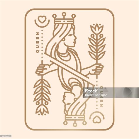 여왕 카드 놀이 벡터 그림입니다 난해하고 마법의 로얄 카드 놀이 여왕 디자인 컬렉션 라인 아트 미니멀리스트 스타일 카드 여가활동 게임에 대한 스톡 벡터 아트 및 기타 이미지