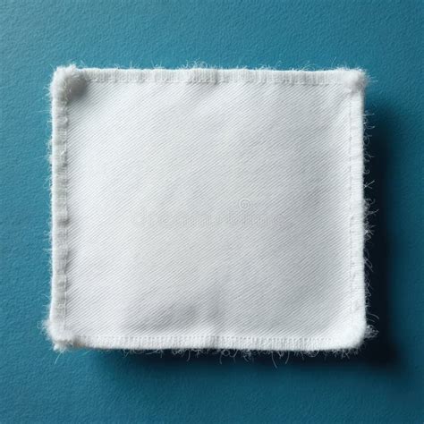 Blank White Woven Label Tag On Blue Background Square Textile Tag With