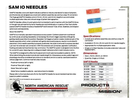Sam Io Needles Product Information Sheet North American Rescue