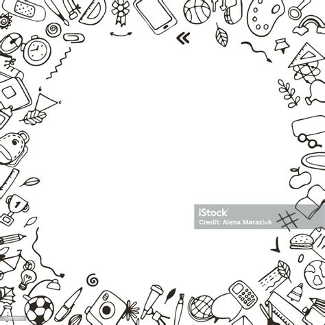 흰색 배경에 컬러 문구와 학교 용품으로 만든 프레임 포스터 및 공지 사항 학교 용품 학교 물건에 대한 준비 학교로 돌아갑니다