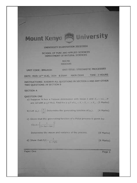 Stochastic Processes Past Papers 1 Pdf