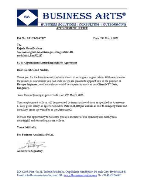Appointment Letter Rajesh Goud Nadem Pdf Business