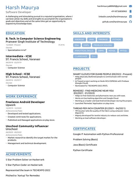 Harshs Resume Pdf Programmer Internet Of Things