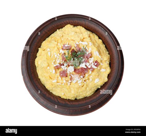 Tasty Banosh With Brynza And Pork Cracklings In Bowl Isolated On White