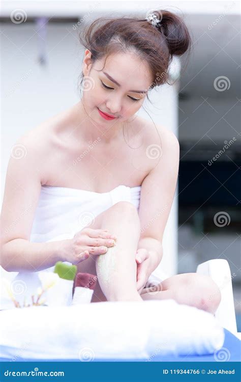 Portrait Of Beautiful Asian People Having Hand Massage In Spa Sa Stock