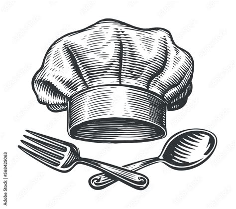 Chef Hat With Spoon And Fork Design For Restaurant Or Diner Menu Hand