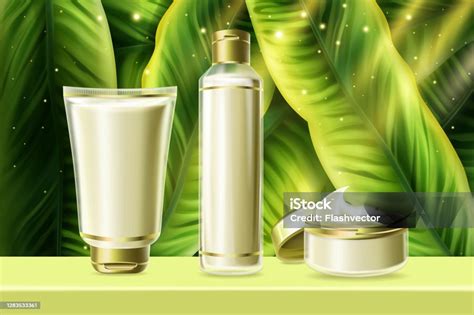 스킨케어 수분 벡터 일러스트레이션을 위한 화장품 세트 여름 허브 모이스처라이저 크림 제품 튜브 또는 그린 팜 잎 장식이 있는 병의 체면 피부를 위한 제품 0명에 대한 스톡