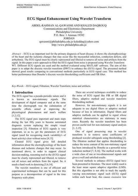 pdf ecg signal enhancement using wavelet transform · pdf fileecg