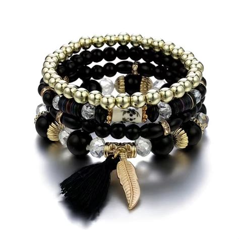 Jewelry Vintage Beaded Black And Gold Stack Bracelet Poshmark