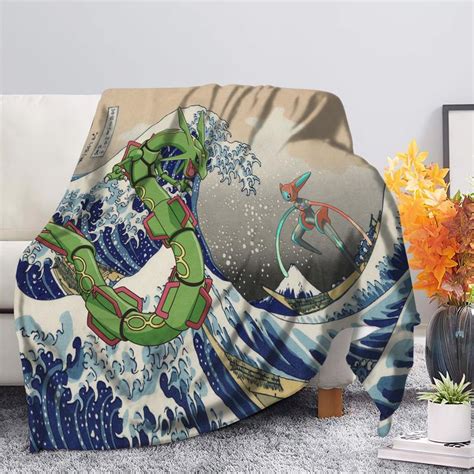 Anime Rayquaza Vs Dyoxic Pokemon The Great Wave Premium Fleece Sherpa