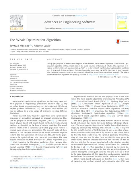 Pdf The Whale Optimization Algorithm