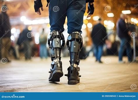 Legs Of Disable Man In The Robotic Exoskeleton Walking Through The