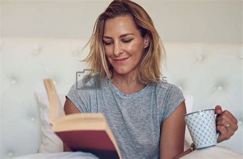 Coffee Reading And Woman With Book In Bed Relaxing And Drinking