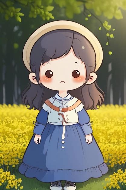 만화 애니메이션 스타일 막대기 그림 바탕화면 배경에서 노란색 꽃을 입은 예쁜 어린 소녀 프리미엄 사진